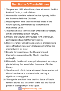 10 Lines on First Battle Of Tarain in English
